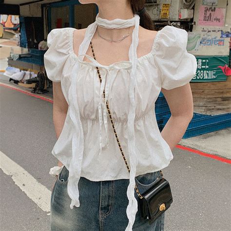 에이비글 Ribbon🎀 애플 퍼프 블라우스 스퀘어넥 크롭 탑 밴딩 체형보완 A라인 뱃살커버 플리츠 셔링 리본 반팔 Bl