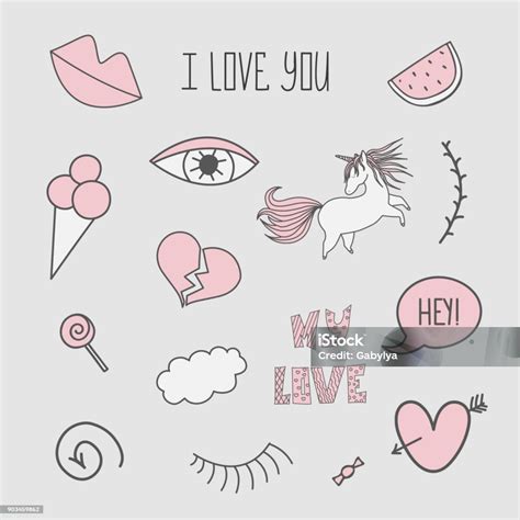 유니콘 발렌타인 요소와 패치 배지입니다 벡터 그림을 흰색 배경에 고립입니다 스티커 핀 만화 8090 년대 스타일에서의 집합 개체 그룹에 대한 스톡 벡터 아트 및 기타 이미지