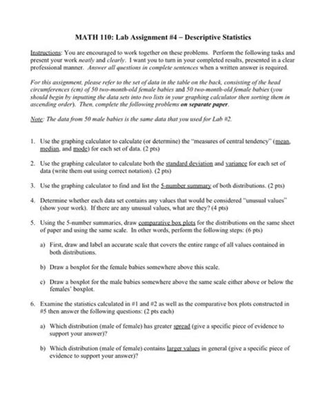 solved math 110 lab assignment 4 descriptive statistics