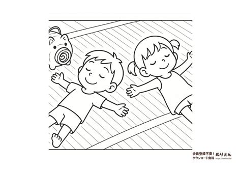 【無料ぬりえ】畳の上でくつろぐ子どもたち｜懐かしい夏の風景｜高齢者向け塗り絵素材 【無料ぬりえ】家庭・保育・介護で使える！印刷して楽しめる塗り絵サイト「ぬりえん」
