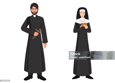 카톨릭 사제와 수녀 벡터 일러스트 레이 션은 흰색에 고립되어 있습니다 십자가를 들고 있는 사제와 성경을 들고 있는 수녀 전체 길이 초상화 개념에 대한 스톡 벡터 아트 및