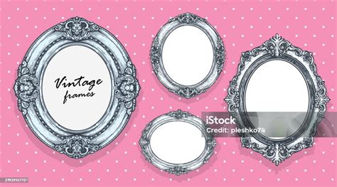 빈티지 손으로 그린 스케치 은색 타원형 사진 프레임 통하고 있는 점선 핑크 벽 배경 빈 사진 디자인 템플릿입니다 벡터 일러스트 레이 션 0명에 대한 스톡 벡터 아트 및 기타