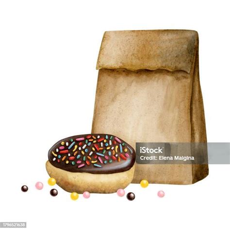 초콜릿 글레이즈드 도넛 스프링클 둥근 사탕 및 테이크 아웃 수채화 그림을위한 종이 공예 가방 아침 식사 및 커피 브레이크 디자인을 위해 흰색 배경에 고립 0명에 대한 스톡