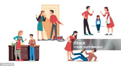 갈등과 가족 관계 문제가 설정된 사람들 어머니는 아들을 꾸짖고 부부는 헤어지고 자녀의 존재에서 논쟁하고 아내는 술에 취한 남편과 다투고 있습니다 플랫 벡터 문자 그림