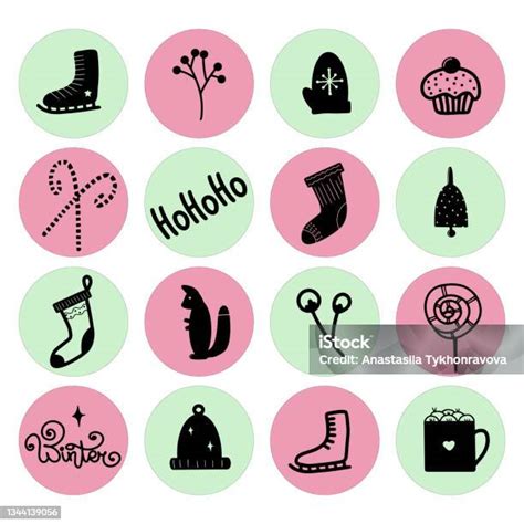 크리스마스 손으로 그린 검은 장갑 공 스케이트 사탕 지팡이 다람쥐 디자인 요소 벡터 일러스트 서예 휴일 새해 아이콘 세트 호호호