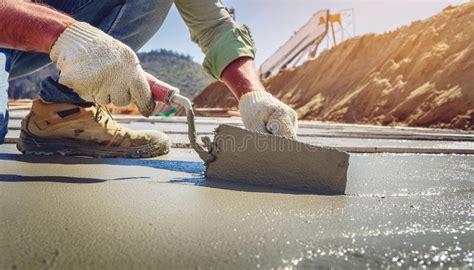 Sunset Construction Scene With Hands Smoothing Concrete Generative Ai