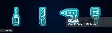 세트 라인 스크루 드라이버 Rasp 금속 파일 전기 무선 드라이버 및 건설 착암기 빛나는 네온 아이콘입니다 벡터 강철에 대한 스톡 벡터 아트 및 기타 이미지 Istock