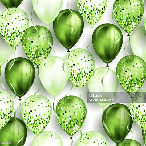 디자인을 위한 빛나는 녹색 현실적인 3d 헬륨 풍선으로 만든 완벽 한 패턴 반짝이와 리본 광택 풍선 생일 파티 브로셔 초대장