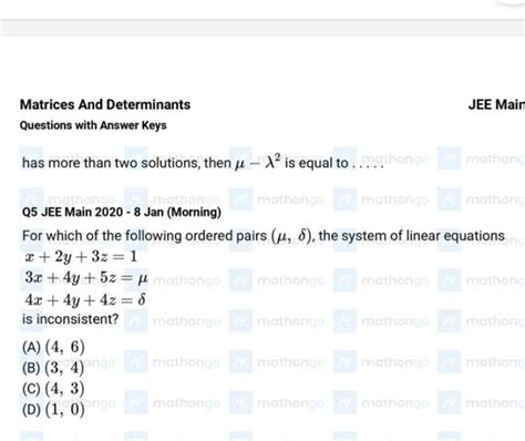 Matrices And Determinants Jee Main Questions With Answer Keys Has More Th