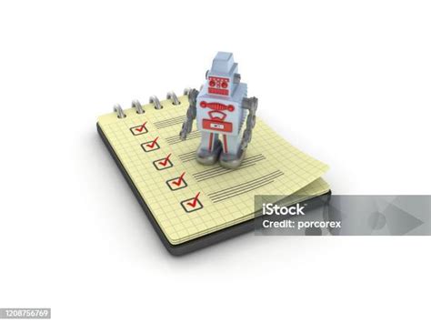 체크 리스트와 레트로 로봇 3d 렌더링이 있는 나선형 노트 패드 검사 보기에 대한 스톡 사진 및 기타 이미지 검사 보기 계획 고풍스런 Istock