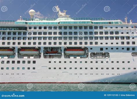 Side View Of Big Cruise Liner Ship In Blue Water Stock Image Image Of