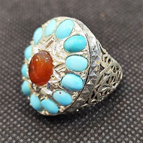 قیمت و خرید انگشتر نقره مردانه مدل سنگ فیروزه نیشابور و عقیق یمانی 13