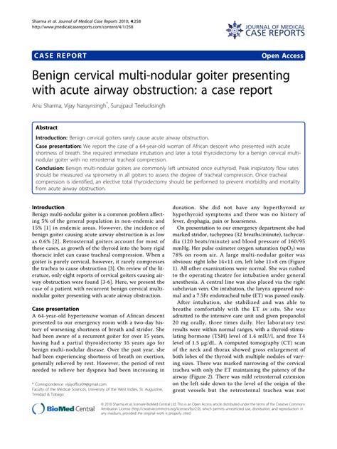Pdf Benign Cervical Multi Nodular Goiter Presenting With Acute Airway Obstruction A Case Report