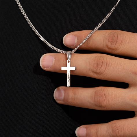 925 Sterling Silver Engraved Mens Cross Necklace Personalized Cross