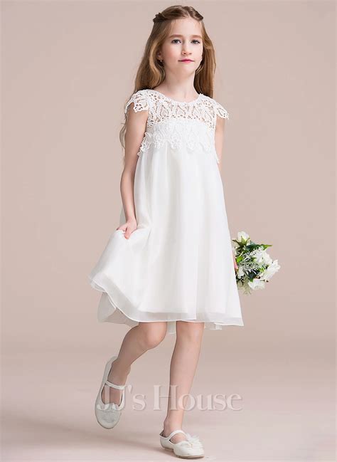 Empire Knee Length Flower Girl Dress Chiffonlace Short Sleeves Scoop