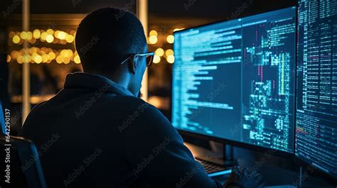 Side Of Hacker Scam Working On Monitor Screen Full Of Datacode Computer Coding In Dark Room