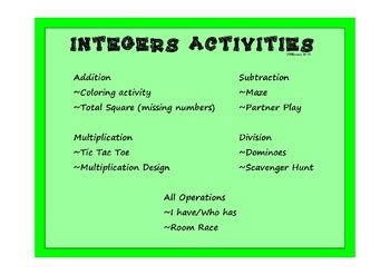 Integer Operations Activites By Dawn Brown TPT
