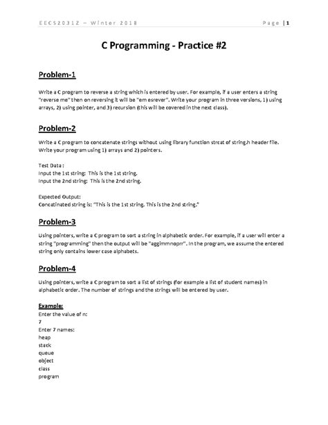 C Practice2 Labs E E C S 2 0 3 1 Z W I N T E R 2 0 1 8 P A G E