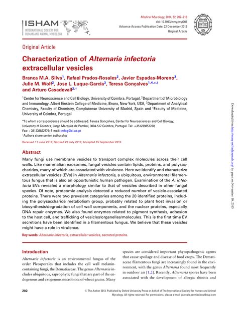 Pdf Characterization Of Alternaria Infectoria Extracellular Vesicles