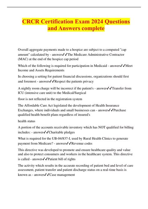 CRCR Certification Exam 2024 Questions And Answers Complete CRCR Stuvia US