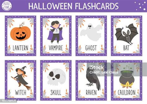 벡터 할로윈 플래시 카드 세트 귀여운 마녀 등불 아이들을위한 뱀파이어와 영어 게임 가을 휴가 플래시 카드 간단한 교육 인쇄 워크 시트 Samhain Festival에 대한
