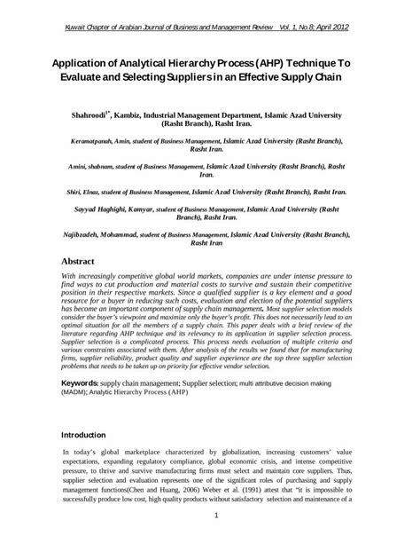 Pdf Application Of Analytical Hierarchy Process Ahp