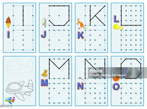 정사각형 종이에 어린 아이들을 위한 교육 페이지 세트 점들을 연결하십시오 예를 들어 알파벳 문자를 그립니다 작문 능력 개발 어린이 학교 교과서에 대한 인쇄 가능한 워크 시트