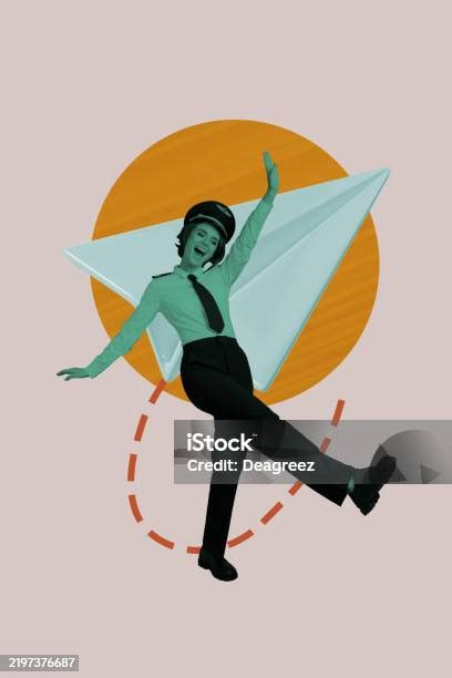 미술 이미지 수직 사진 콜라주 행복 조종사 소녀 댄스 접힌 종이 항공사 휴가 스튜어디스 직업 여행 경로 25 29세에 대한 스톡 사진 및 기타 이미지 Istock