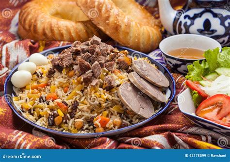 Uzbek National Food Pilaf On Traditional Fabric Adras Stock Image Image Of Norin Lunch 42178599