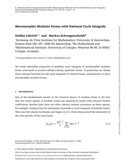 PDF Meromorphic Modular Forms With Rational Cycle Integrals