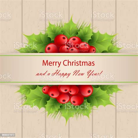 레드 홀리와 크리스마스 Decoratoions 열매와 나뭇잎 메리 크리스마스와 새 해 복 많이 받으세요 텍스트 배너와 나무 배경에 고립 된 전나무 나무 가지 0명에 대한