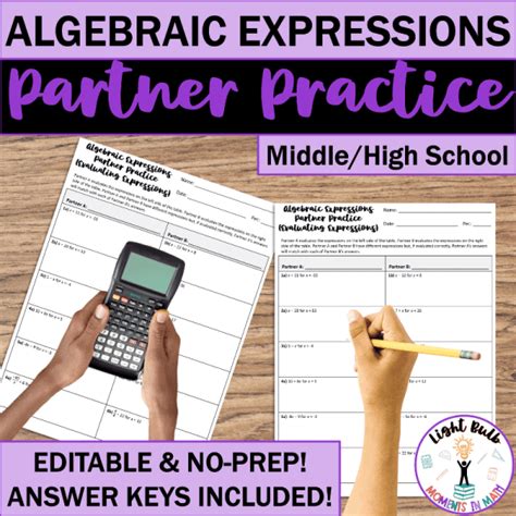 Algebraic Expressions Partner Practice Activities Editable Light Bulb Moments In Math