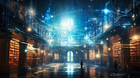 Premium Ai Image Deserted Digital Library With Floating Algorithms
