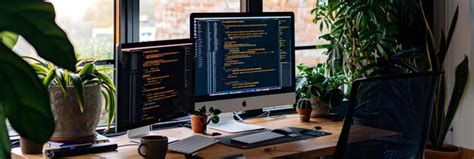 Desktop Workspace With Dual Monitors And Design Software Premium Ai