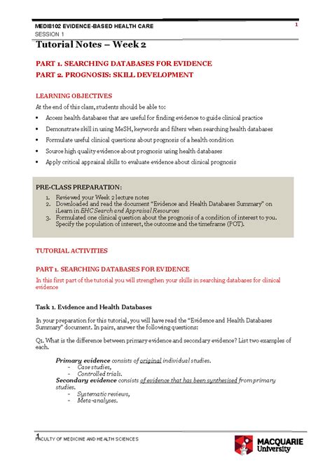 MEDI8102 W2 T1 Detailed Tutorial Notes Tutorial Notes Week 2 PART 1 SEARCHING DATABASES
