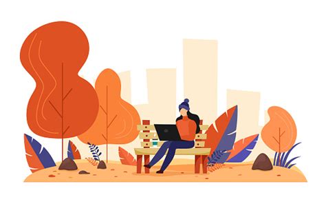 한 소녀가 가을 공원의 벤치에 앉아 노트북에서 일하고 있습니다 트렌드 색상 흰색 배경에 만화 플랫 스타일의 벡터 그림입니다 가을에 대한 스톡 벡터 아트 및 기타 이미지