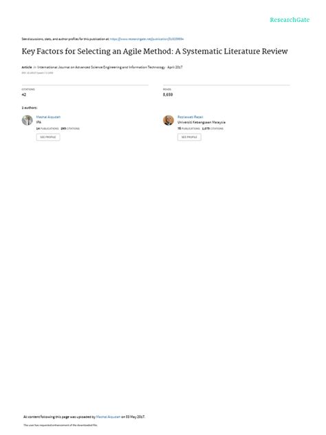 2017 Key Factors For Selecting An Agile Method A Systematic Literature Review Pdf Agile
