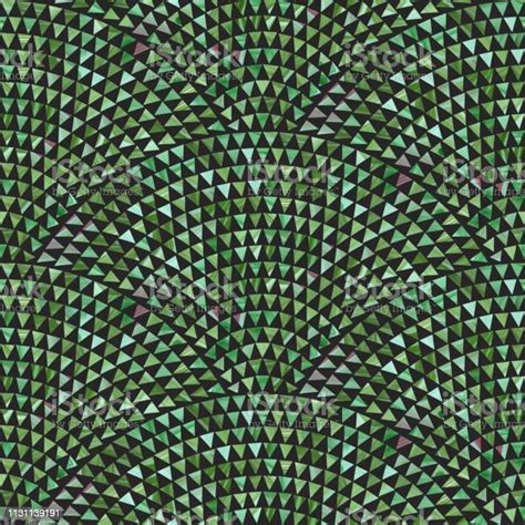 추상 벡터 검은 배경에 녹색 브러시 스트로크 텍스처와 작은 삼각형에서 물결 모양의 원활한 기하학적 패턴입니다 바닥 타일 벽지 포장지 페이지 테라 초 모자이크 스타일로 채우기