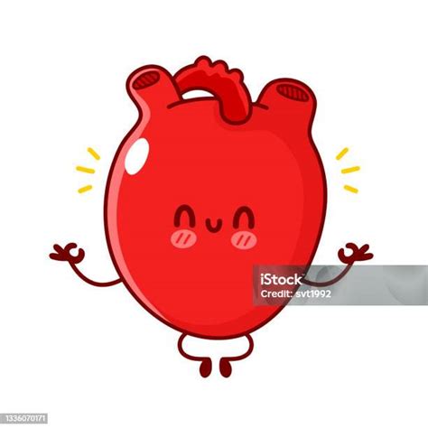 귀여운 재미 인간의 심장 장기 명상 벡터 플랫 라인 낙서 만화 가와이 문자 일러스트 흰색 배경에 격리 인간의 심장 오르간 해부학 만화 마스코트 캐릭터 개념 가공의 인물에