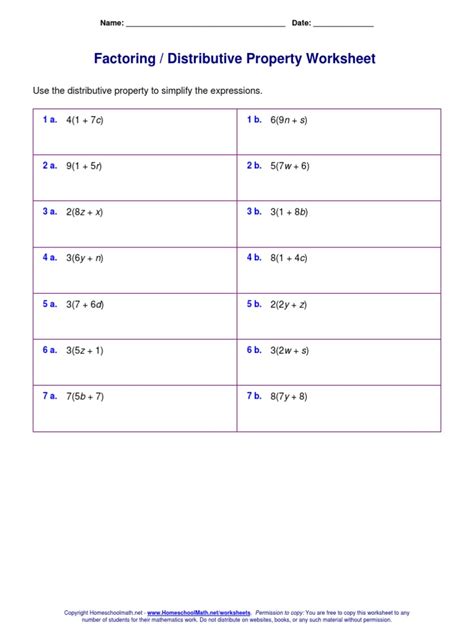 Factoring Distributive Property Worksheet Pdf