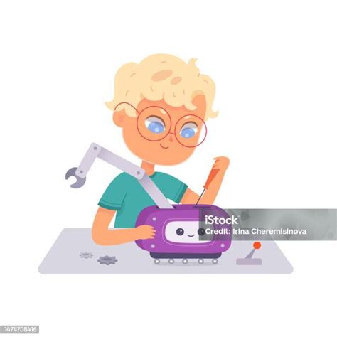 학교에서 장난감 로봇 과학 프로젝트 연구 및 로봇 건설을 만드는 귀여운 아이 기술에 대한 스톡 벡터 아트 및 기타 이미지 기술 소년 아이 Istock