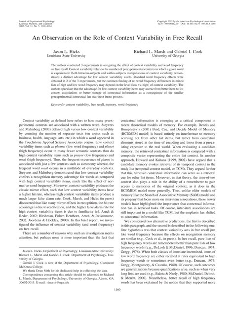 Pdf An Observation On The Role Of Context Variability In Free Recall