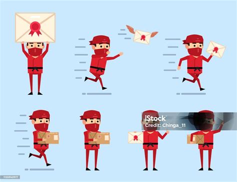 다양 한 상황에서 편지와 함께 포즈를 취한 닌자 캐릭터의 집합입니다 재미 있는 닌자 편지를 들고 실행 하 고 다른 작업을 보여주는 감정에 대한 스톡 벡터 아트 및 기타