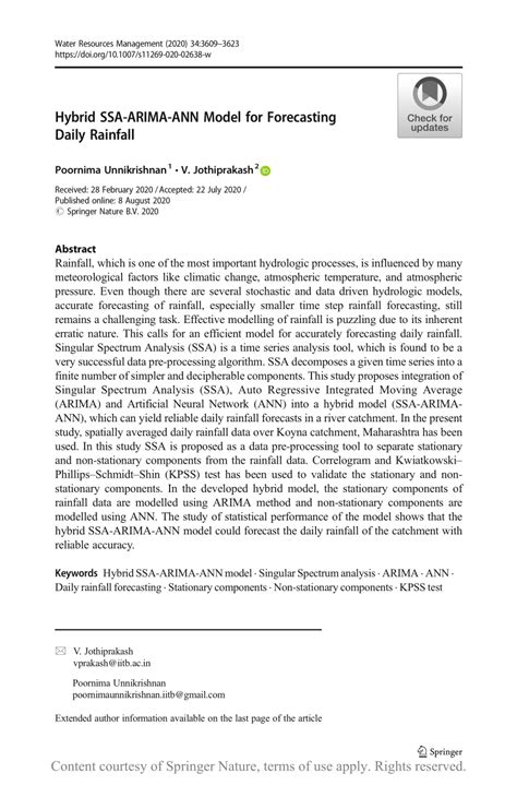 Hybrid Ssa Arima Ann Model For Forecasting Daily Rainfall Request Pdf