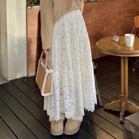 더사구십오 러블리 겨울 레이스 캉캉 밴딩 롱 스커트 기모 안감