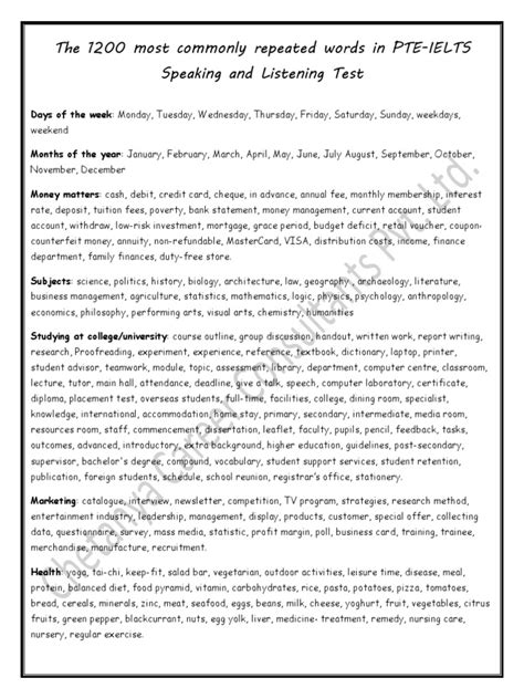 Pte Ielts Most Repeated Words Pdf Fee Transaction Account