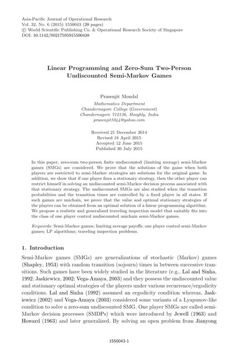 Pdf Linear Programming And Zero Sum Two Person Undiscounted Semi