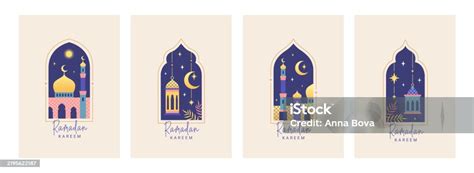 라마단 Kareem 인사말 카드 포스터 휴일 표지 세트 세트 트렌디한 미니멀리즘 스타일의 현대적인 기하학적 디자인 이슬람 아치와 창문 달 모스크 등불 벡터 일러스트 레이 션