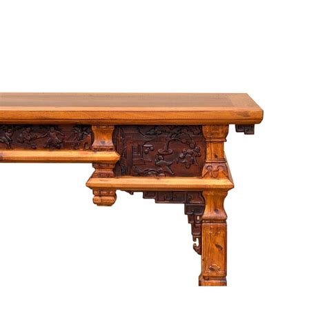 Vintage Two Brown Wood Tone Relief Carving Motif Oriental Console Altar
