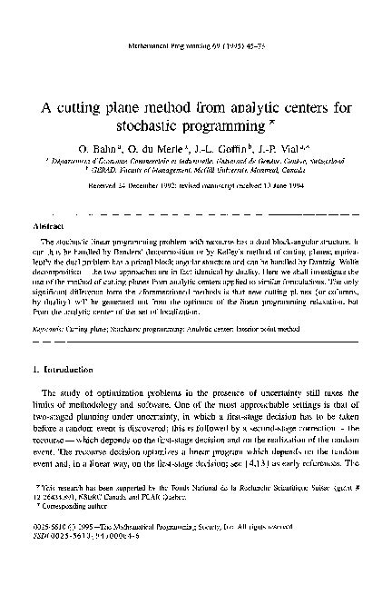 Pdf A Cutting Plane Method From Analytic Centers For Stochastic Programming